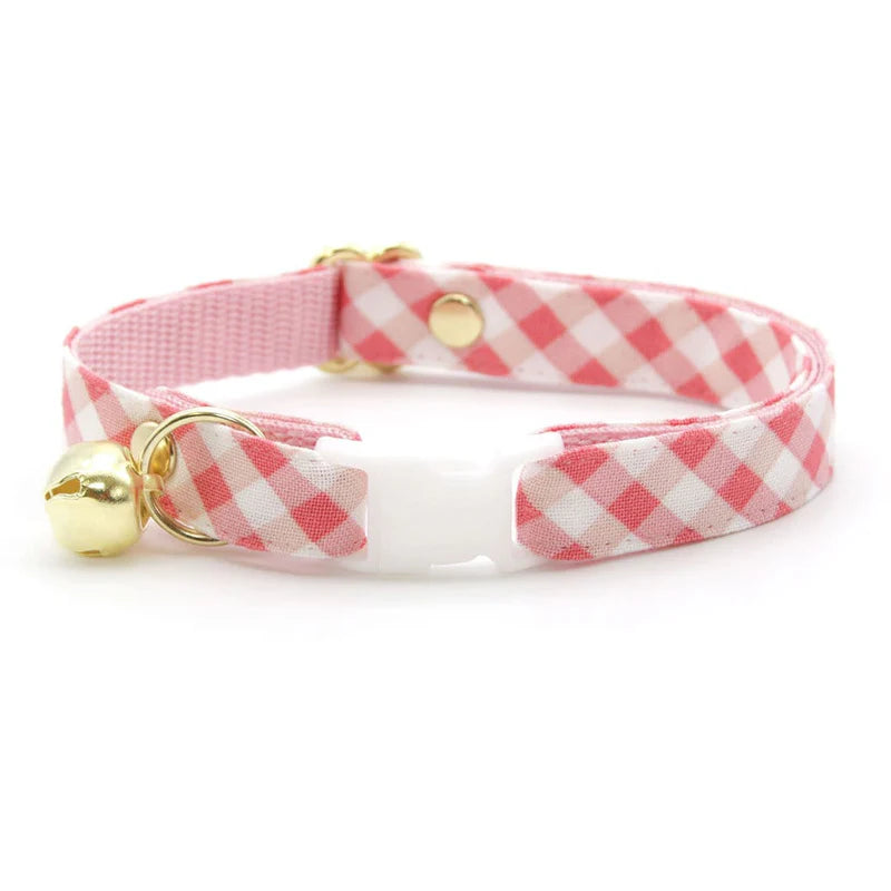 Made by Cleo - Cat Collar "Coquette" Pink Gingham Plaid with Silver Br