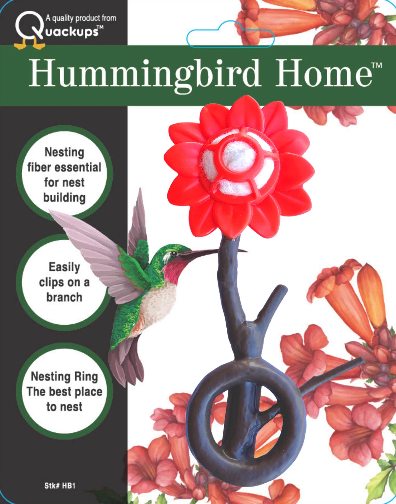 Quackups - Hummingbird Home w/Nesting Fiber & Ring red Flower